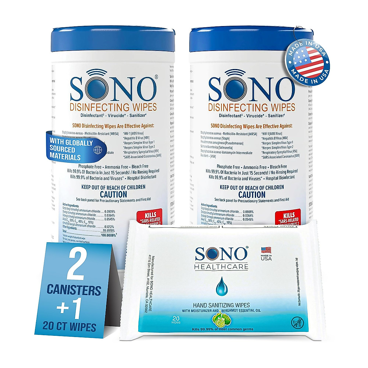 SONO Disinfecting Wipes - Medical-Grade, Alcohol-Free, No Bleach - Multi-Surface Cleaning Wipes for Home, School, Office - 160 CT (Canister of 2) + 1 Pack of Hand Sanitizing Wipes