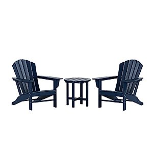 WO Outdoor Adirondack Chair w Side Table 3-PCS Set Loungers Seats Traditional Retro Outdoor Furniture Aesthetic for Beach, Balcony, Home, Backyard, Lawn, Patio, Pool, Deck, Garden (Navy Blue)