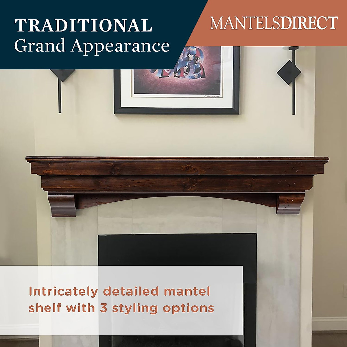 MANTELSDIRECT Mantels Direct Salem Wood Mantel Shelf with Corbels - Aged Cherry 60 Inch | Distressed Wooden Rustic Wall Mounted Shelf Perfect for Electric Fireplaces and More!