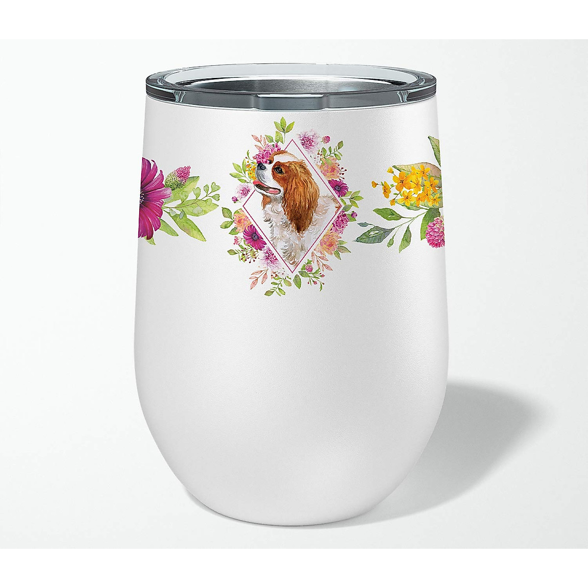 Caroline's Treasures CK4126TBL12 Cavalier King Charles Spaniel Pink Flowers Stainless Steel 12 oz Stemless Wine Glass Insulated Wine Tumbler with Lid, Cute Travel Cup for Coffee, Cocktails, Gift Women