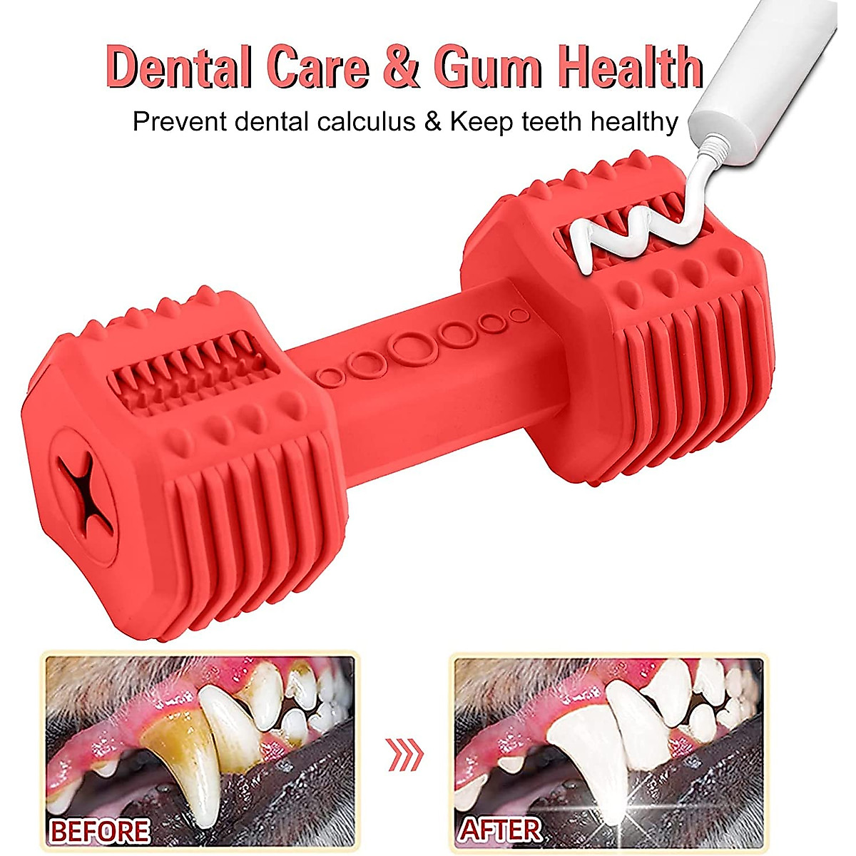 PawfectPals Indestructible Dumbbell Dog Chew Toy for Aggressive chewers, Interactive Puzzle Toy, Food Dispenser Feeder, Natural Rubber Bite Resistant for Teeth Dental Cleaning-Insert Treats (Red)