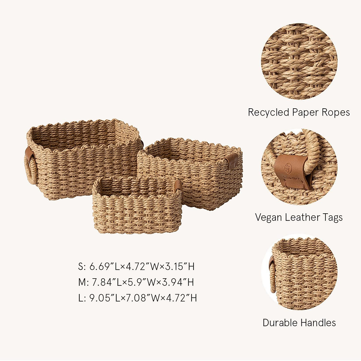 LA JOLIE MUSE Small Wicker Baskets for Organizing, Bathroom Basket with Handle, Recycled Paper Rope Storage Basket for Shelves Bathroom Cupboards Drawer, Decorative Square Basket Organizer Set of 3