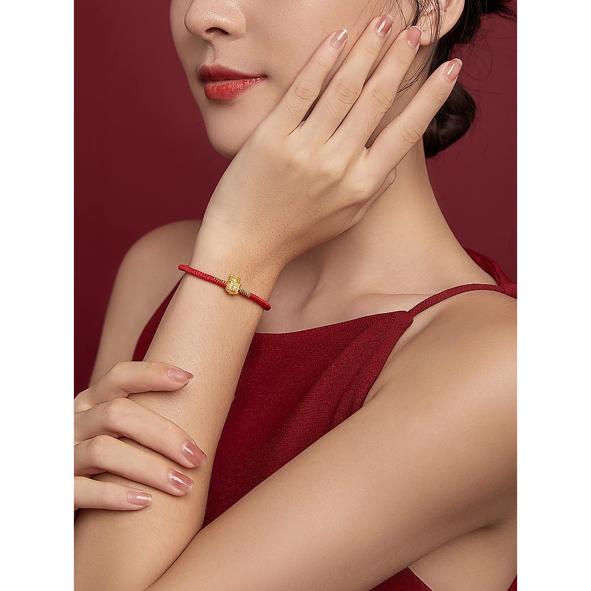 ZHOU LIU FU 24K Solid Gold Bracelets, Real Pure Gold Bracelet Chinese Zodiac Jewelry Adjustable Red Braided Bracelet Rabbit Dragon Dog Piggy with Blessing Idiom for Women Men Girlfriend