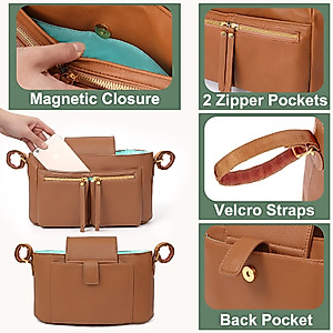 MOMINSIDE Stroller Organizer With Insulated Cup Holders, 10 Pockets Stroller Accessories Leather, Universal Stroller Caddy, Adjustable Straps, Zippered Pocket, Fit All Strollers (Brown)