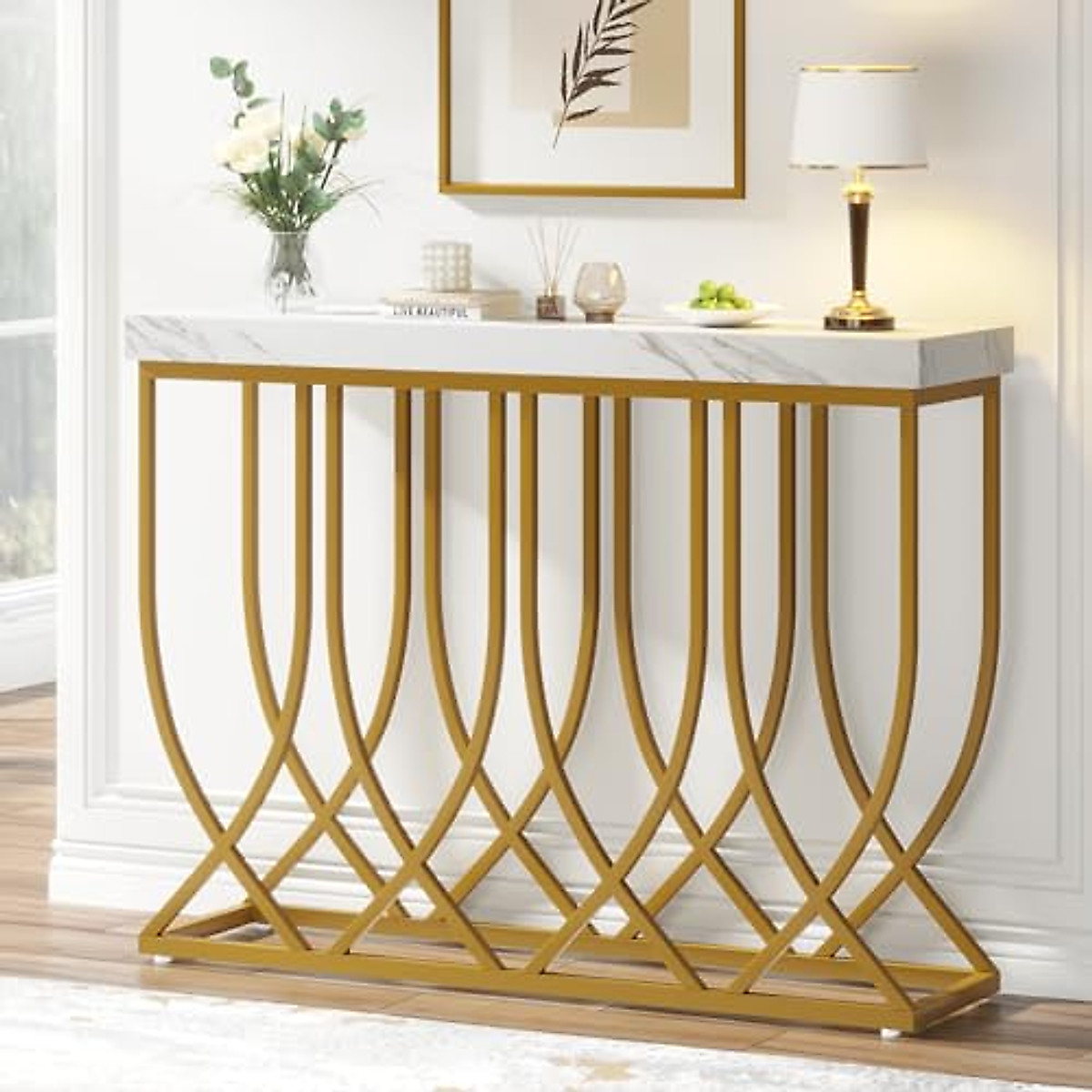 Tribesigns Gold Console Table, Modern Faux Marble Veneer Entryway Foyer Table, 39.4” Narrow Sofa Accent Table with Geometric Metal Legs for Living Room, Hallway, Entrance, White & Gold