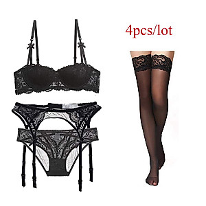 Bluewhalebaby Sexy Lingerie for Women Demis Push-up Lace Bra and Panty Set with Suspender Garter Belt For Thigh High Stockings Black With Garter 32B