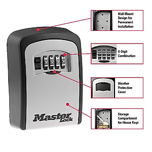 Master Lock Wall Mount Key Lock Box, Outdoor Wall Mounted Lock Box for House Keys, Key Safe with Combination Lock, 5 Key Capacity, 5401EC