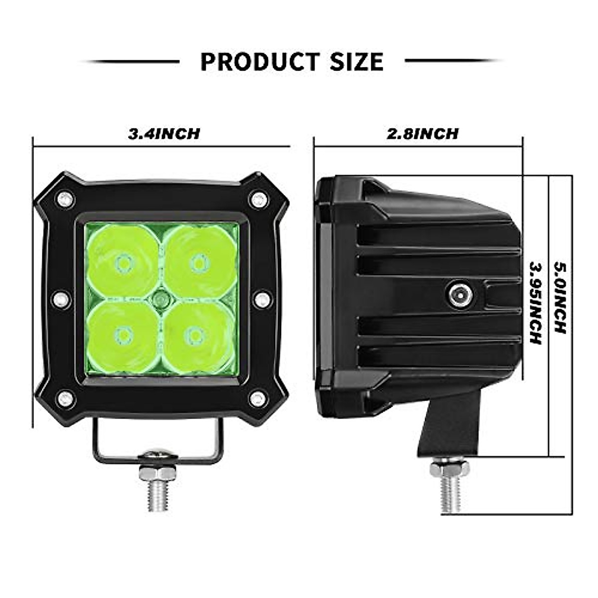 Green Led Pods Light Bar - 3.4 Inch 40W Square Work Driving Hunting Fishing 12V/24V Fog Cube Light Waterproof Spot Beam for Truck Pick-up Boat Off-road ATV UTV Golf Cart Trailer 4X4 4WD (Pack of 2)