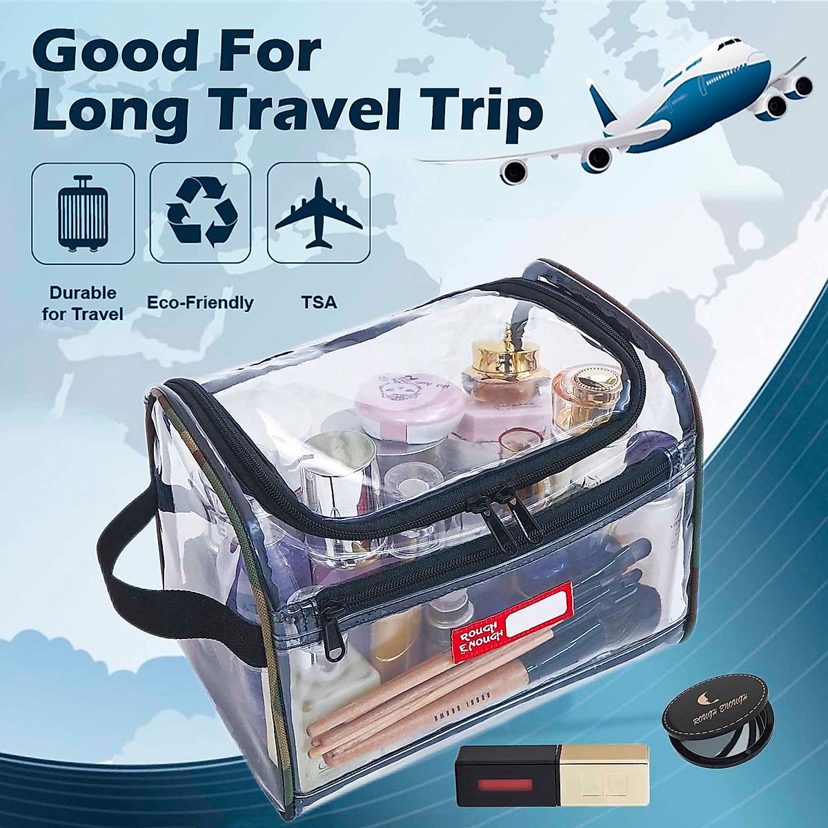 Rough Enough Clear Makeup Toiletry Bag Cosmetic Organizer Large Medicine Pouch with Zipper for Women Travel Accessories Essentials Pouch Toiletries Airport