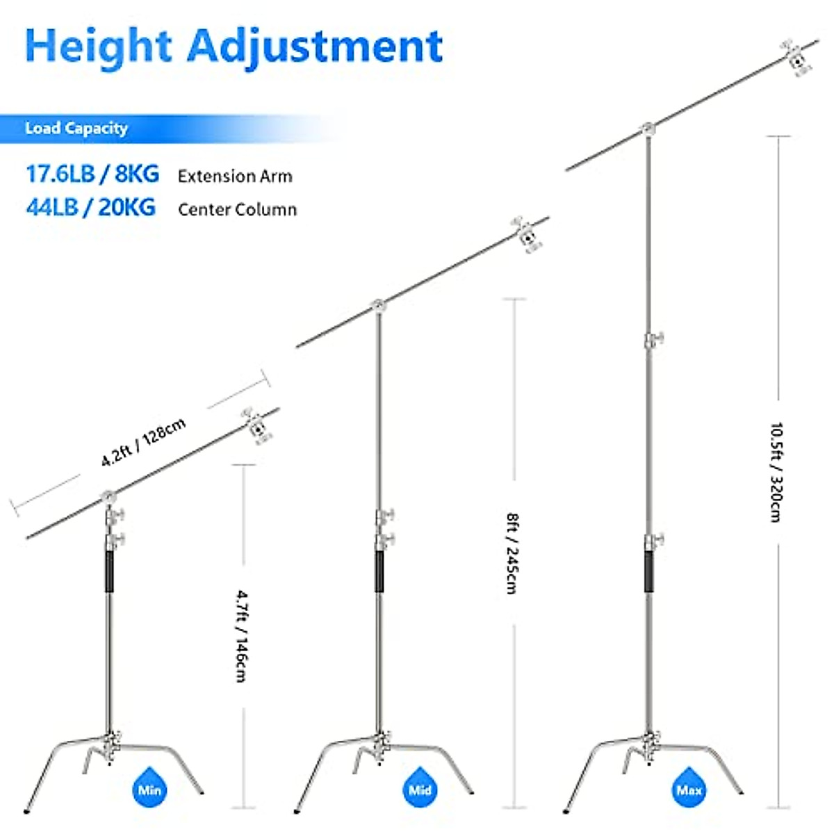 Neewer 100% Stainless Steel C-Stand (2-Pack), Pro Heavy-Duty Photography Light Stand with 4.2ft/1.28m Extension Arm, Grip Head, Turtle Base for Monolight, Softbox, Reflector, Max Height: 10.5ft/3.2m