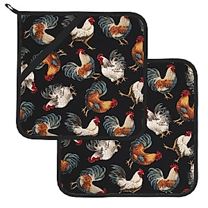 French Roosters Heat Resistant Potholders 8x8 in French Roosters Kitchen Pot Holders Sets Hot Handle for BBQ Cooking Baking Grilling Microwave Barbecue Four Seasons Hot Pads