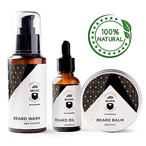Beard Reverence Premium Beard Grooming Kit for Men Care w/Upgraded Travel Bag – All-Natural Beard Oil, Beard Balm Butter Wax, Beard Wash, Scissors, Comb, Boar Bristle Brush with Gift Set Box