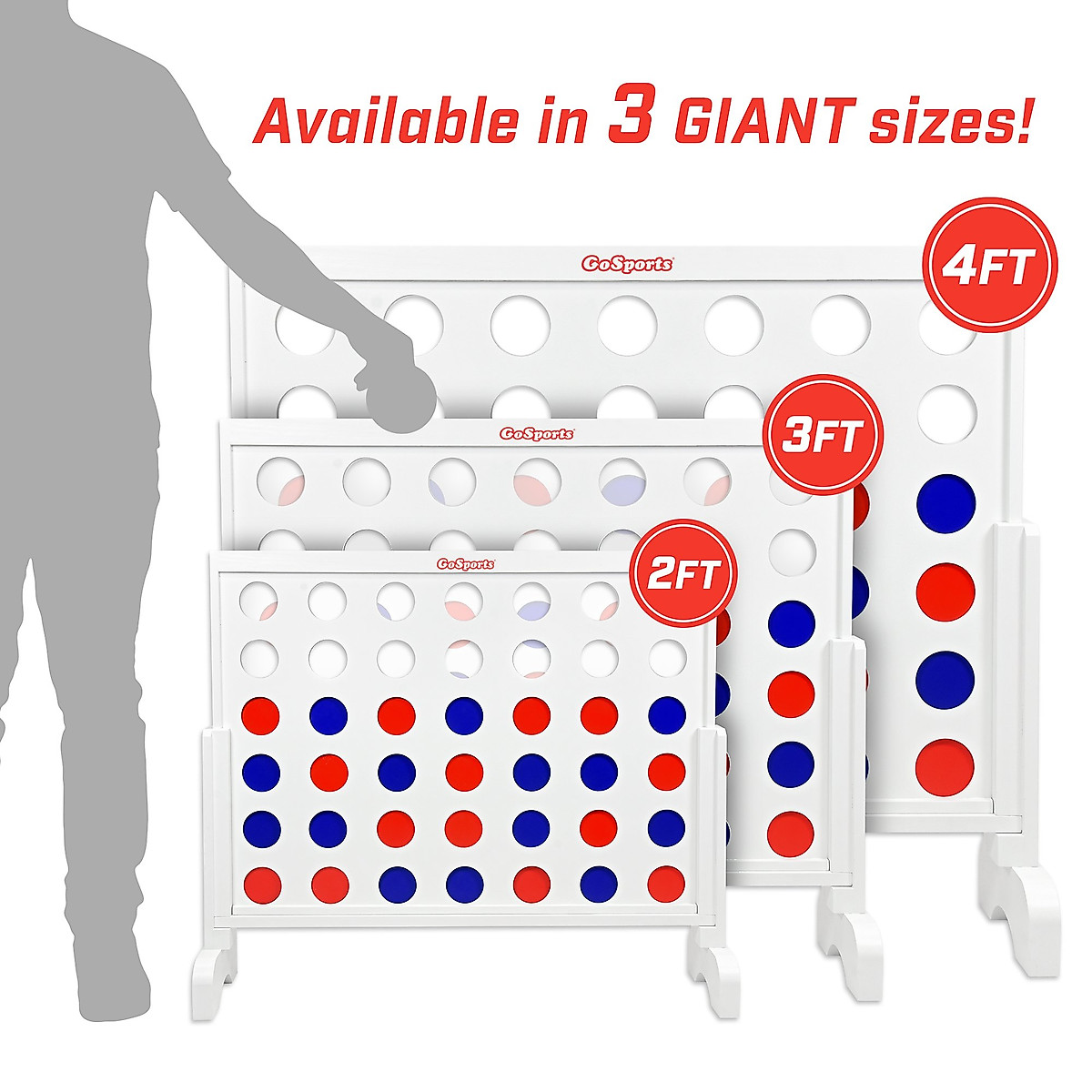 GoSports 3 Foot Width Giant Wooden 4 in a Row Game - Choose Between Classic White or Dark Stain - Jumbo 4 Connect Family Fun with Coins, Case and Rules