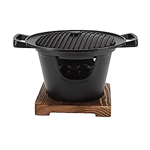 Hibachi Grill Smokeless Tabletop Portable Grill Wooden Frame Aluminium Alloy Easy Assembly Stove Base Barbecue Pot Professional Charcoal Grill for Camping Home Barbecue