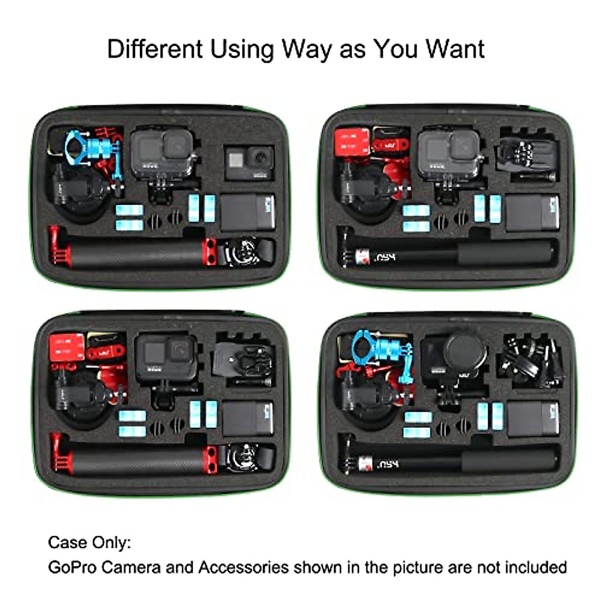 HSU Large Carrying Case for GoPro Hero 10 Hero 9 Hero 8 and Accessories, DJI Osmo Action,AKASO,Campark,YI Action Camera and More (Upgrade Sponge Precut Slots) (Green)