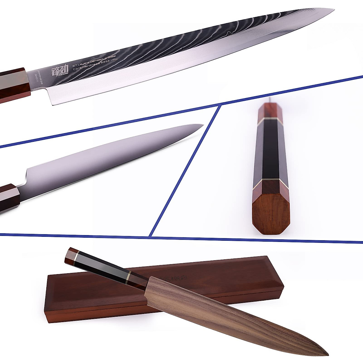 FINDKING Prestige Series Yanagiba Knife with Walnut Cover, Japanese SKD11 Damascus Steel Blade, Ebony Wood Octagonal Handle, Professional Sashimi Sushi Fish Knife (10.5 Inches, with Wooden Gift Box)