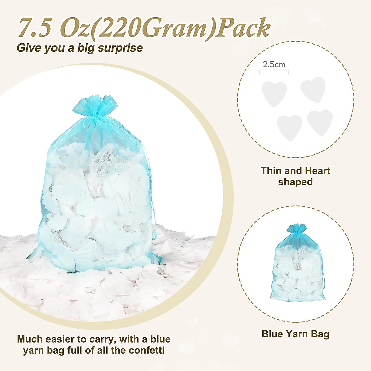 7.5 Oz White Heart Shaped Confetti,27000Pcs Biodegradable Wedding Confetti with A Blue Yarn Bag,Flame Retardant Tissue Paper Confetti for Wedding,Valentine,Celebrations Party
