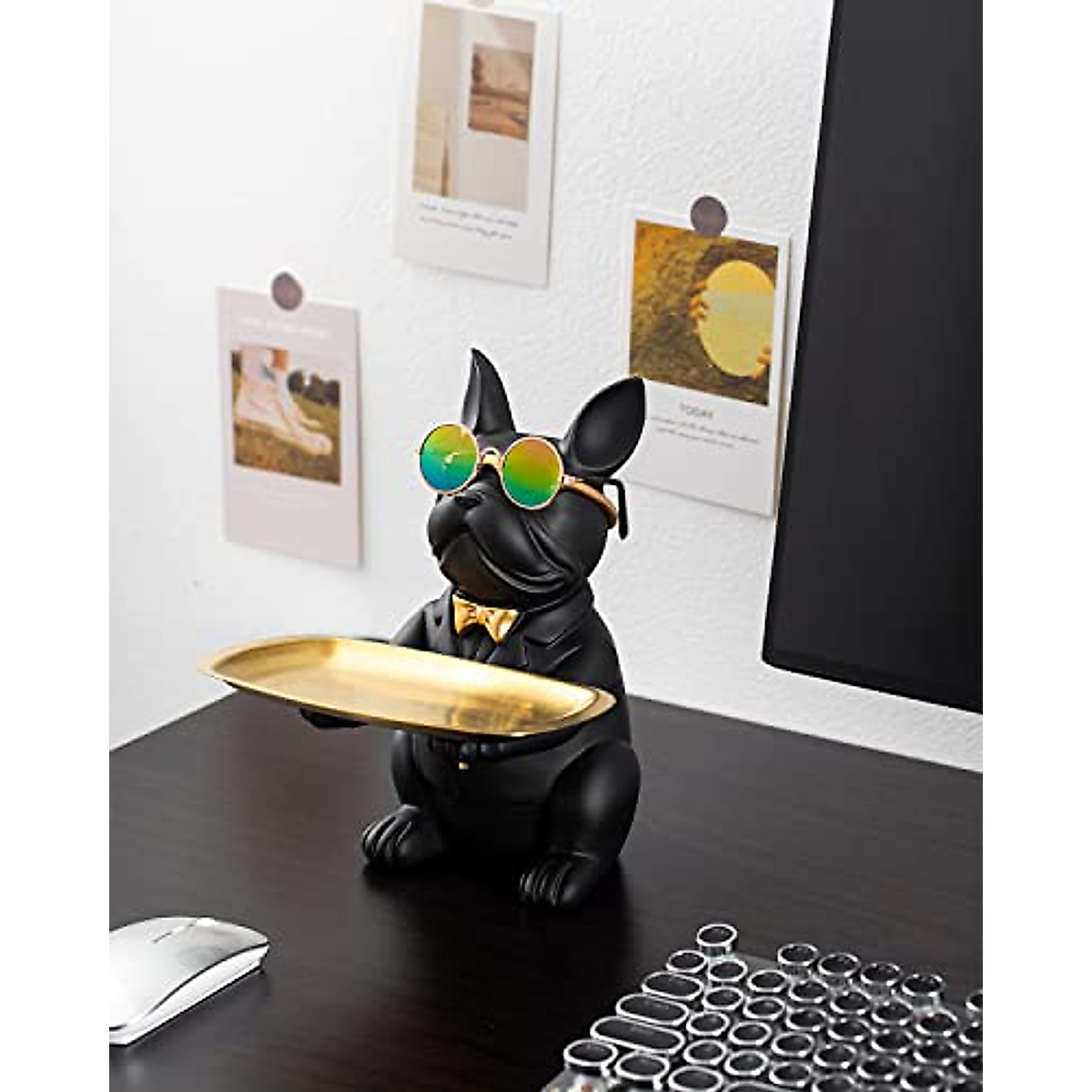 Bwytbwy French Bulldog Statue,Resin Bulldog Key Tray for Entryway Decor, Key Holder Organizer for Entryway Table, French Bulldog Gifts Black