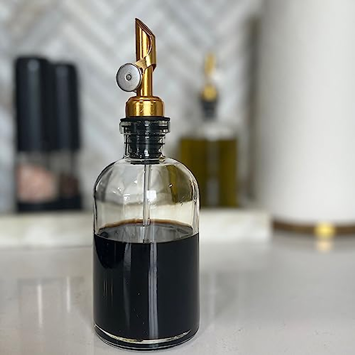 Blush Apothecary 8-ounce Apothecary Clear Glass Bottle with Metal Pour Spout | Oils, Vinegars, Coffee Syrups, Mouthwash | Bottles for Kitchen, Bath and Tabletop (Silver)