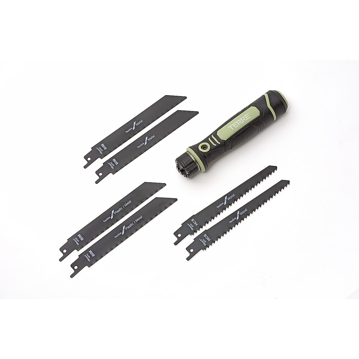 Terre Products, Adjustable Blade Hand Saw Tool, Jab Saw, Drywall Saw, Reciprocating Blades, 2 Wood (6 TPI), 2 Plastic (18 TPI), 2 Bi-Metal (24 TPI), Cuts Metal, Wood, Sheetrock, Plywood, Plastic