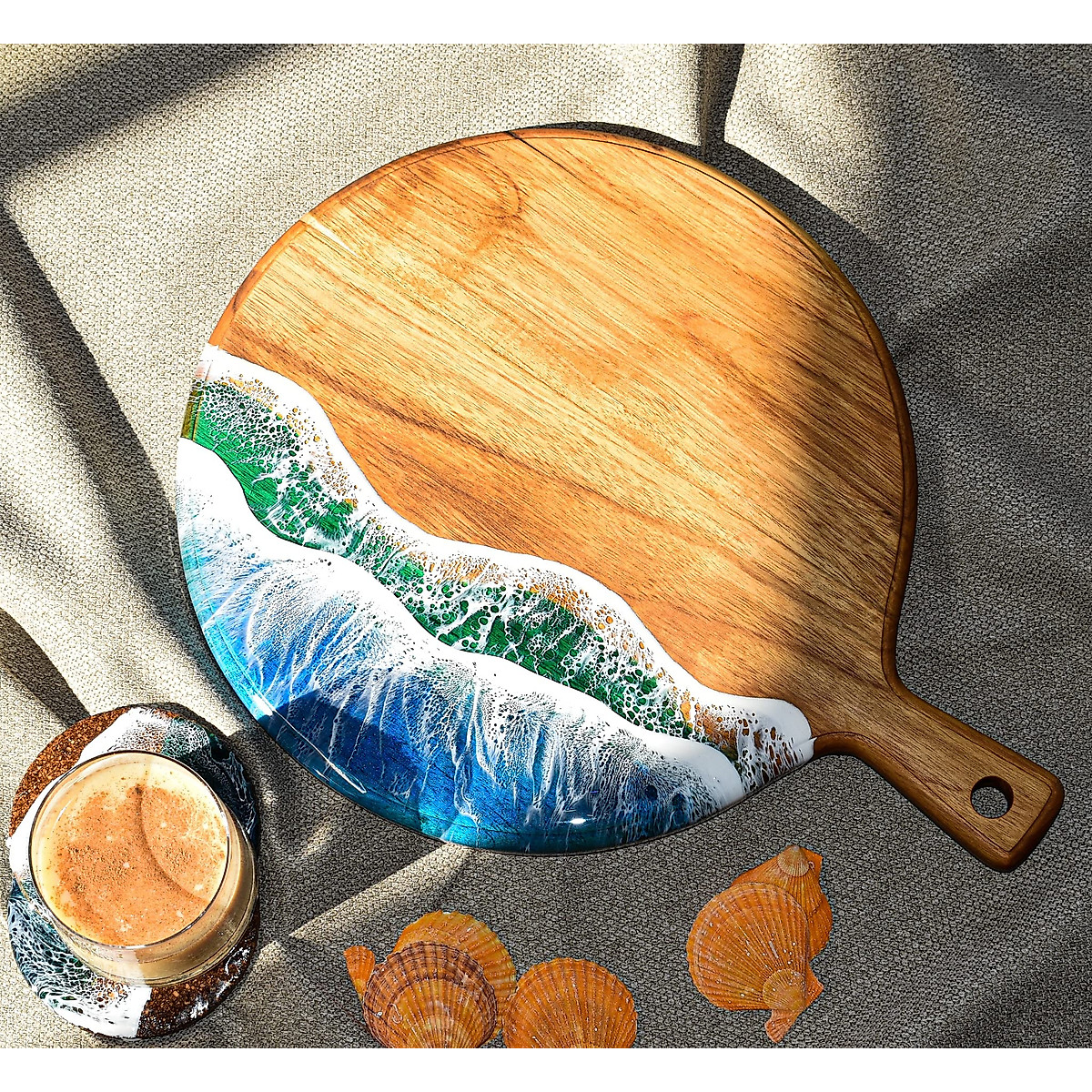 CUTTING BOARD AND CUP HOLDER SET, CHOPPING BOARD AND CUP HOLDER SET, RESIN CUTTING BOARD, CHOPPING BOARD, CUTTING BOARD, OCEAN THEME CUTTING BOARD, CUSTOMIZED CUTTING BOARD, PERSONALIZED CUTTING BOARD