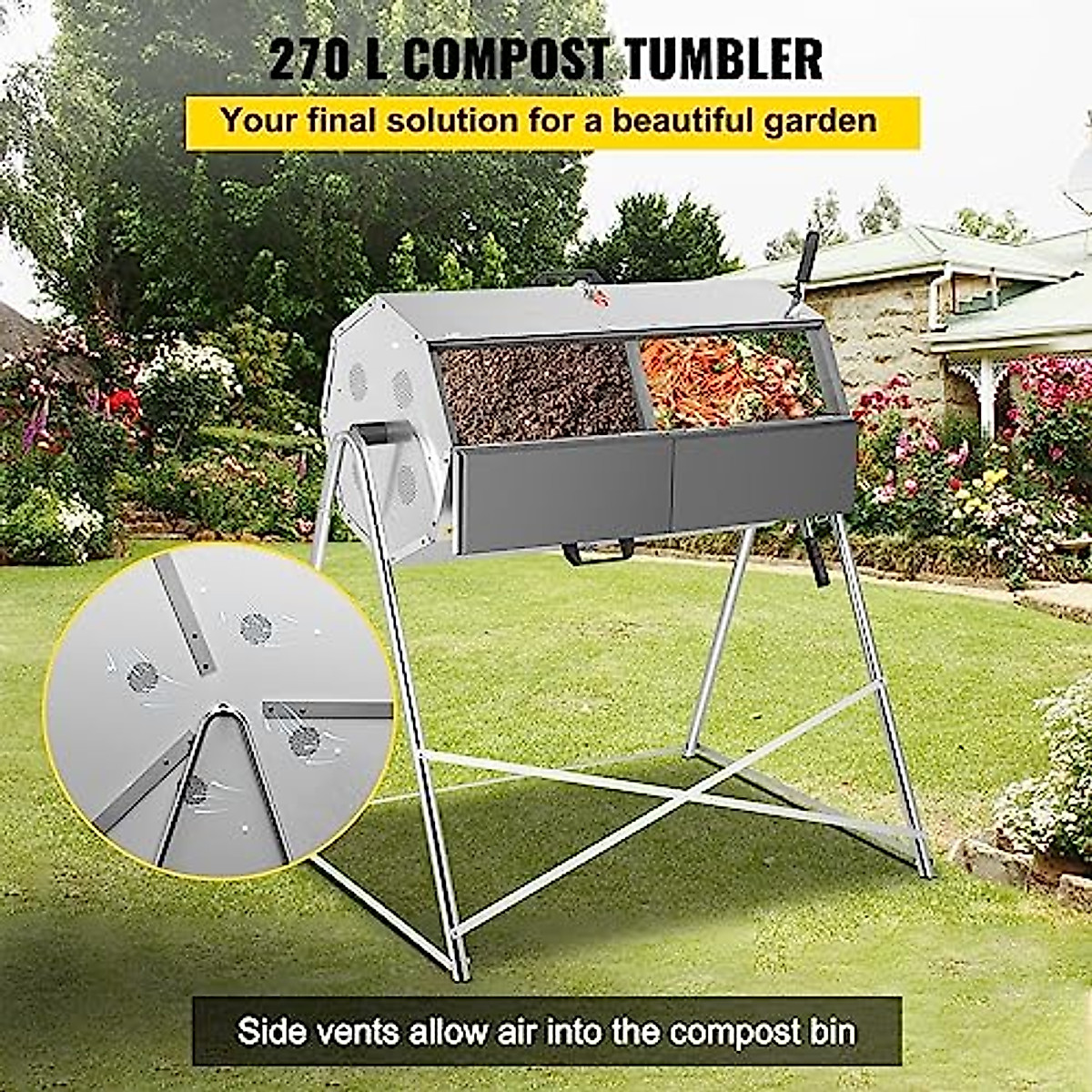Compost Bin Stainless Steel Dual-Chamber Garden Composter 33/71/106 Gallons Capacity Composting Trash Can for Kitchen Yard (Color : 125L, Size : 1)