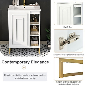 Appot 24inch Bathroom Vanity Sink Combo for Small Space, Bath Room Vanities with Ceramic Basin, Gold Legs and Semi-Open Storage(Faucet Not Included)