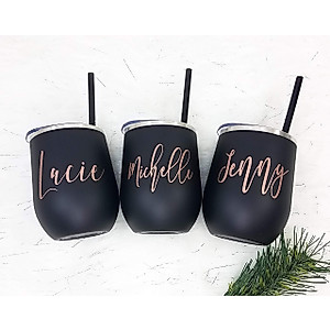 Personalized Stemless Wine Cup Tumbler Stainless Steel, Girls Trip Gift, Wedding Party Gifts, Bridesmaid Gift, Travel Wine Cup with Lid, Bachelorette Cups, Personalized Wine Glasses, Vinyl Decal