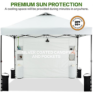 Tunbne 10'x10' Pop Up Canopy Tent with 1 Sidewall and 6 Pockets, One Push Setup, Instant Shade Tent with Vented Roof for Beach Patio Outdoor, Case, 8 Stakes, 4 Ropes, 4 Sandbags (White)