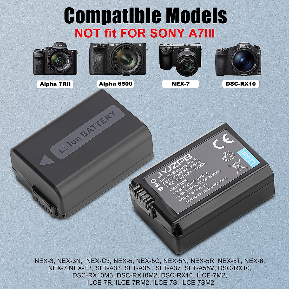 JYJZPB NP-FW50 Replacement Battery Charger Set Dual Channel Compatible for Sony Alpha A6000 A6400 A6500 A6300 A6100 ZV-E10 A7 A7II A7RII A7SII A7S A7S2 A7R A7R2 A5100, Camera Batteries Charger Case