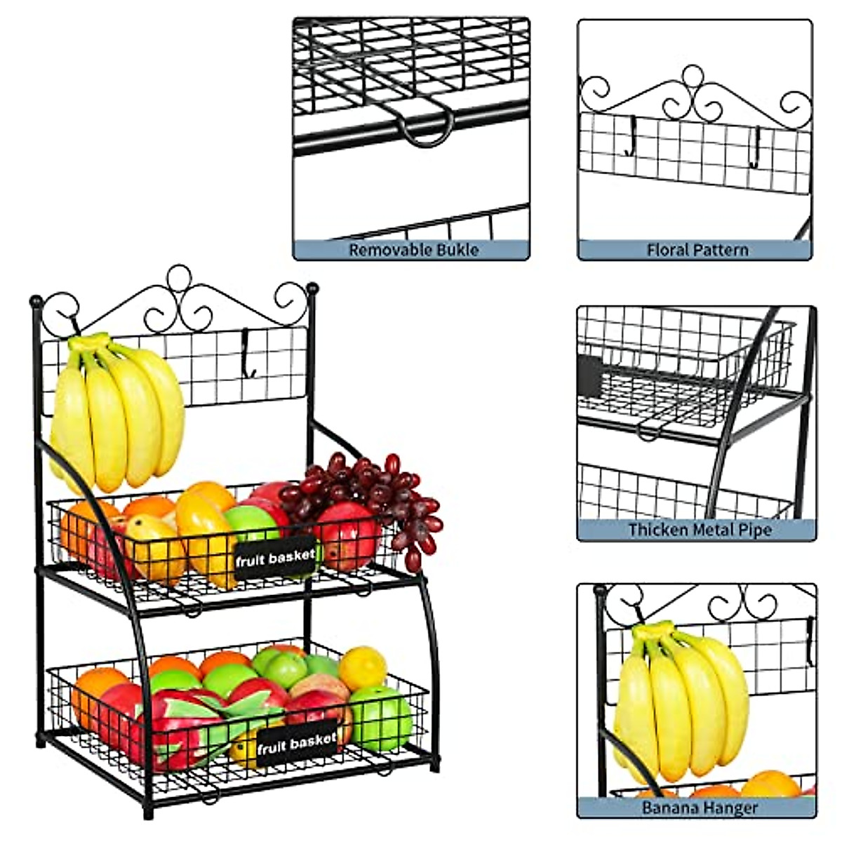 2-Tier Fruit Basket for Kitchen, Bananas Hanger Hook Holder &Countertop Tiered Fruit and Vegetable Storage Bowl Stand, Detachable, Easy to Assemble, Large Capacity for Home Kitchen Organizer-Black