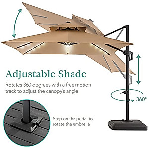 Best Choice Products 10x10ft 2-Tier Square Cantilever Patio Umbrella with Solar LED Lights, Offset Hanging Outdoor Sun Shade for Backyard w/Included Fillable Base, 360 Rotation - Tan