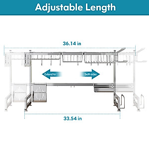romision Over The Sink Dish Drying Rack, 2-Tier Adjustable Length(33.5-36.2in) Stainless Steel Dish Rack Over Sink, Expandable Large Dish Drainer for Kitchen Counter with 8 Hooks, Sliver