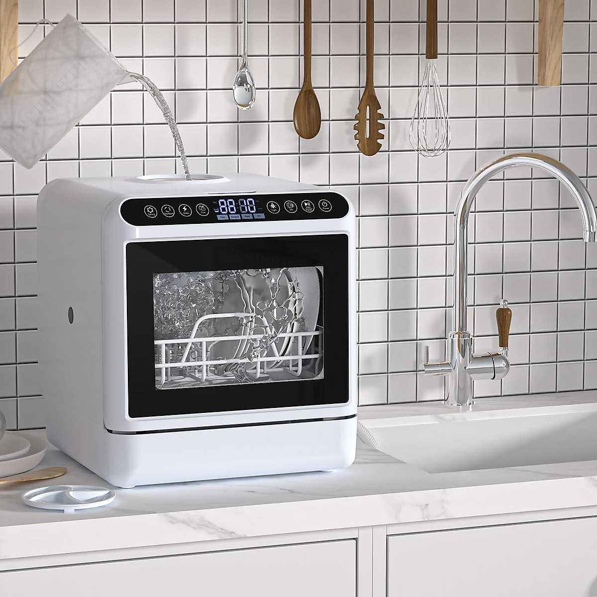 ymtiolze Portable Dishwasher Countertop with 5L Built-in Water Tank, No Hookup Needed, 6 Programs,360° Dual Spray,High-Temp& Air-Dry Function,Mini Dishwasher for RVs White