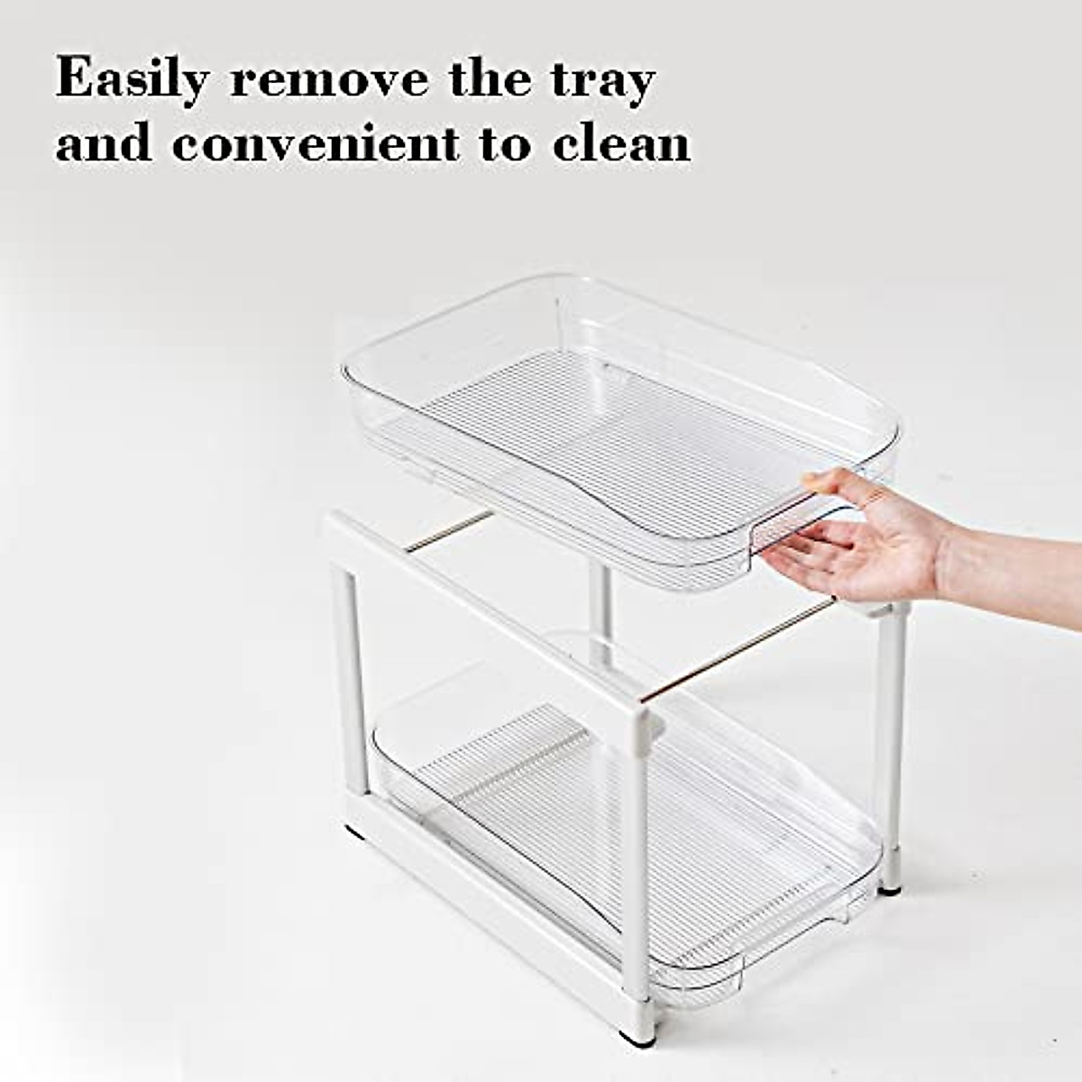 Nyxozonny 2-Tier Pull-Out Sliding Under Sink plastic Stackable Organizer for Bathroom & Cabinet & Kitchen Storage,Plastic Drawer & ABS Pole, Anti-Rust,White