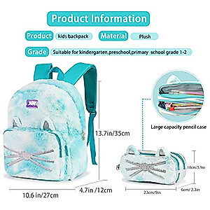 Bendopa Cat Backpack for Girls, Kids backpack Set with Pencil Case, Plush Kitty Schoolbag for Children, Furry Green
