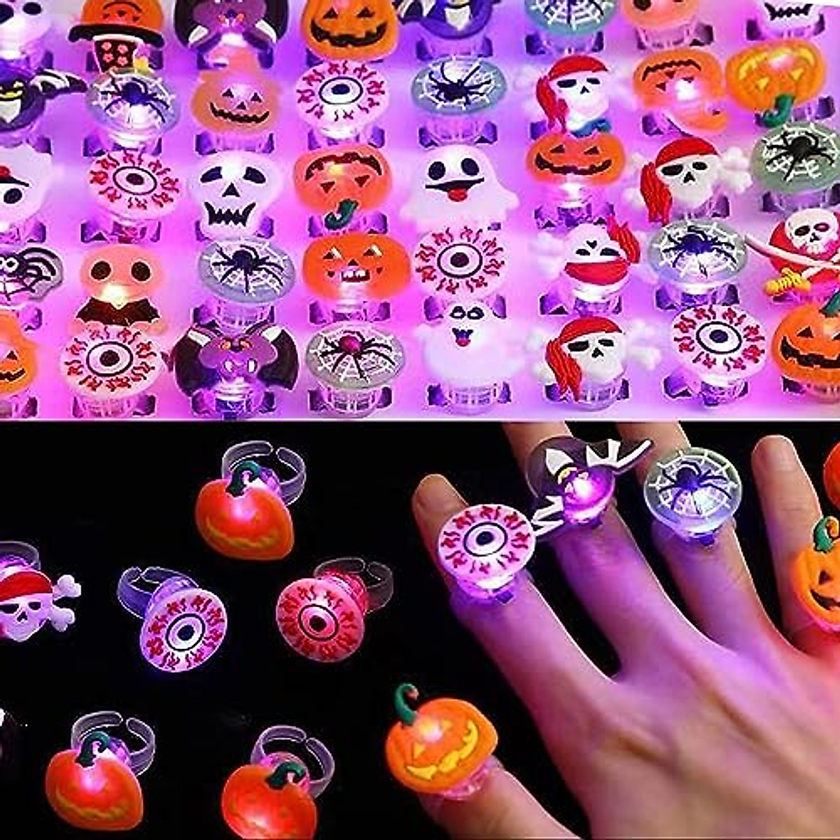 96pcs Halloween Party Favors for Kids, Halloween Party Goodies Bags Toys with Stretchy Skeletons Stamps Glowing Bouncy Balls and LED Flash Rings, Halloween Prizes for Trick or Treat School Classroom Rewards for Kids Boys Girls