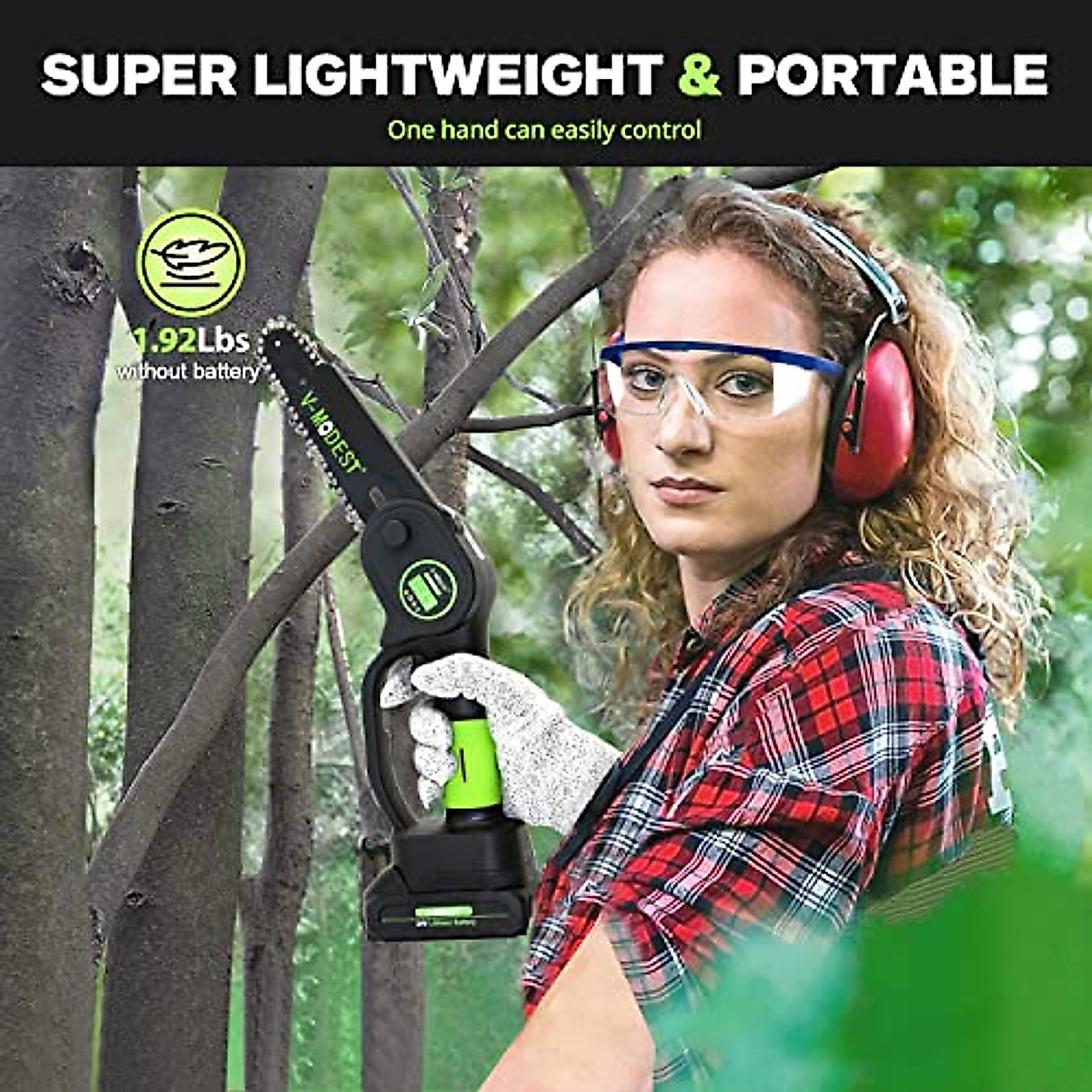 Mini Chainsaw Cordless 4&6 Inch,V-MODEST Brushless One-Handheld Electric Chain Saw with 2x24V Battery Powered, 23.4FT/s, Security Lock for Wood Cutting Tree Pruning(also for women)