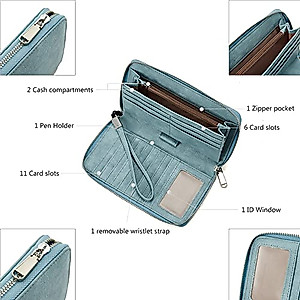 BOSTANTEN Leather Wallet for Women RFID Blocking Zip Around Credit Cards Holder Phone Clutch Blue