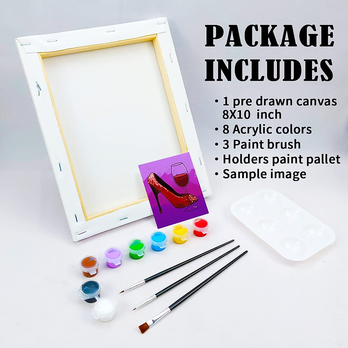 VOCHIC Canvas Painting Kit Pre Drawn Canvas for Painting for Adults Party Kits Paint and Sip Party Supplies 8x10 inch Girl High Heels Glass 8 Colors,3 Brush,1 Pallet Paint Art Set