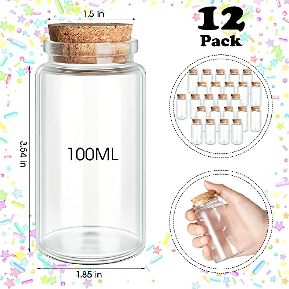 12 Pack Small Glass Cork Bottles, 100 ml/ 3.4 oz, Small Glass Jars Spell Jars Clear Potion Bottles Mini Glass Bottles with Cork Bottle Bright DIY Sand Water Message Decorative Jar Party Favors