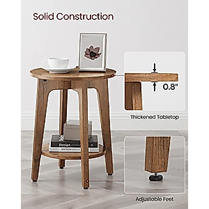 VASAGLE Round End Table with Lower Shelf, Nightstand for Small Spaces, 15.8 x15.8 x 19.7 Inches, Rustic Walnut