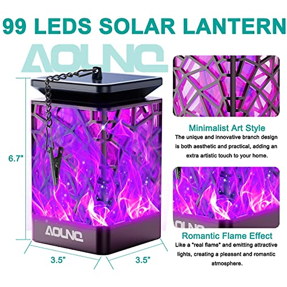 AOUNQ Solar Lanterns Outdoor Waterproof Purple, Upgraded 2 Pack 99 LEDs Flickering Flame Hanging Outdoor Solar Lanterns, Solar Powered Lanterns Lights Outdoor for Garden Patio Yard Porch Decorative