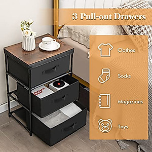 Giantex Nightstand with 3 Fabric Drawers, 24.5" Tall Bedside Table with Removable Lid for Bedroom, Study, Storage Dresser Organizer, Easy Assembly, Black and Rustic Brown