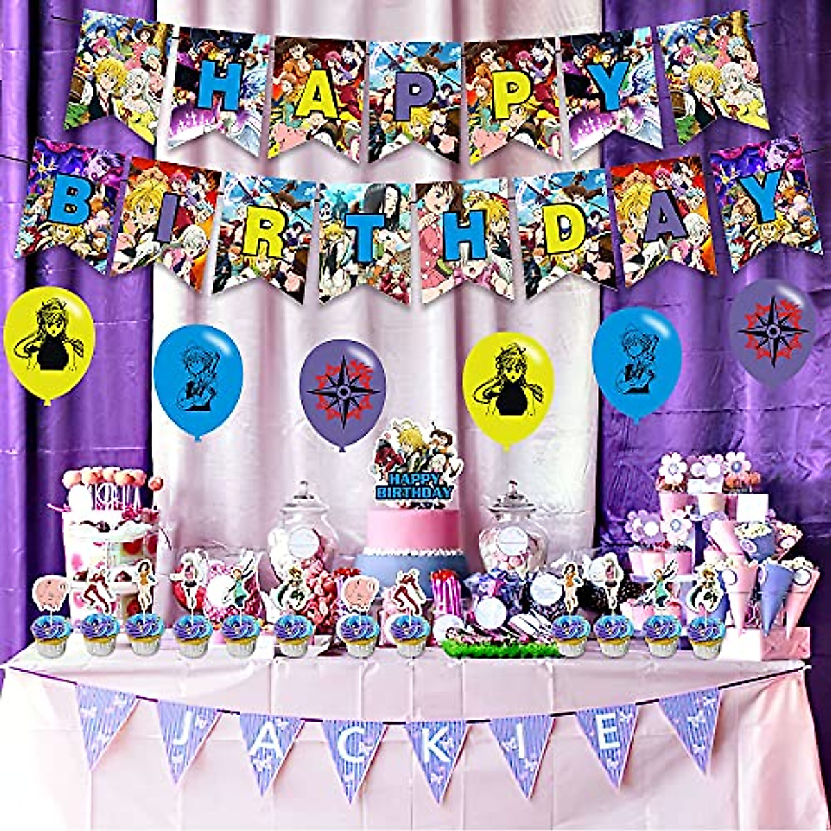Seven Deadly Sins Birthday Party Decorations,Anime Manga Themed Party Supplies set for Boys Girls with Happy Birthday Banner,Cake Topper,Cupcake Toppers,Balloons,Stickers