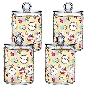 xigua 2 Pack Cute Rabbit and Cat Apothecary Jars with Lid, Qtip Holder Storage Containers for Cotton Ball, Swabs, Pads, Clear Plastic Canisters for Bathroom Vanity Organization (10 Oz)