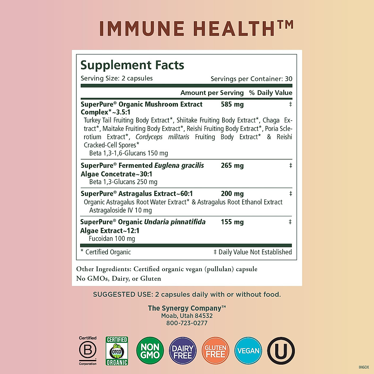 PURE SYNERGY Immune Health | Immune Support Mushroom Supplement | Astragalus and Beta-Glucan Extracts with Organic Functional Mushroom Extracts | for Year-Round Support (60 Capsules)