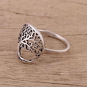 NOVICA Artisan Handmade .925 Sterling Silver Cocktail Ring Indian with Jali Tree Motif Leaf 'Majestic Jali Tree'