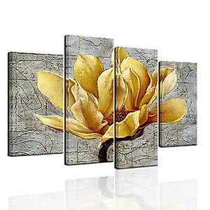 Biuteawal - 4 Panel Floral Wall Art Elegant Yellow Flower on Abstract Background Painting Canvas Print Still Life Artwork for Modern Home Kitchen Living Room Bedroom Wall Decoration Easy Hanging