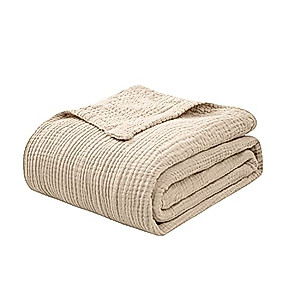 EMME Cotton Throw Blanket 100% Muslin Soft Blanket for Couch 4-Layer Breathable Gauze Blanket All Season Soft and Lightweight Pre-Washed Cotton Blanket (Light Tan, 55"x75")